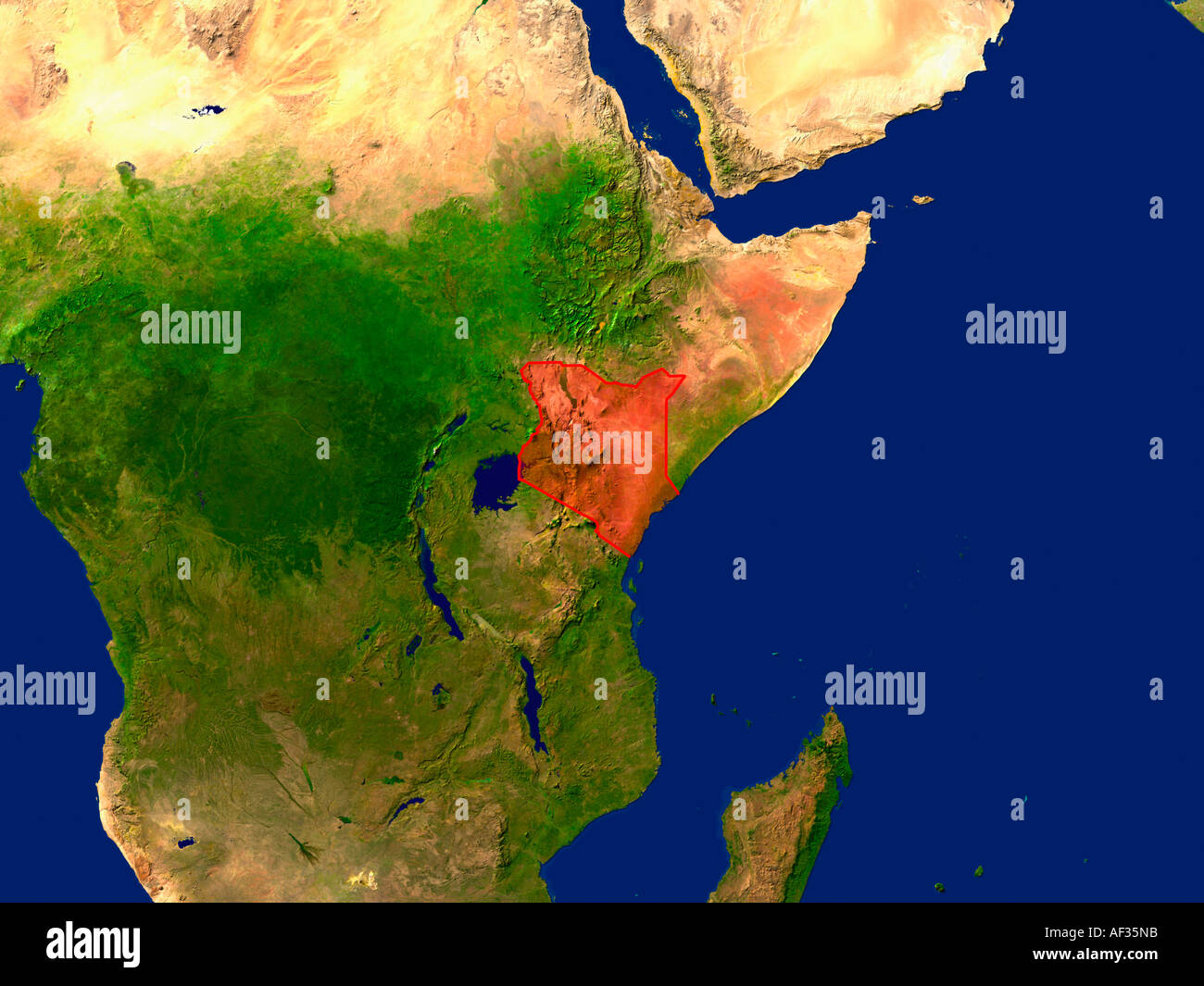 Satellite Image Of Kenya Highlighted Red Stock Photo - Alamy