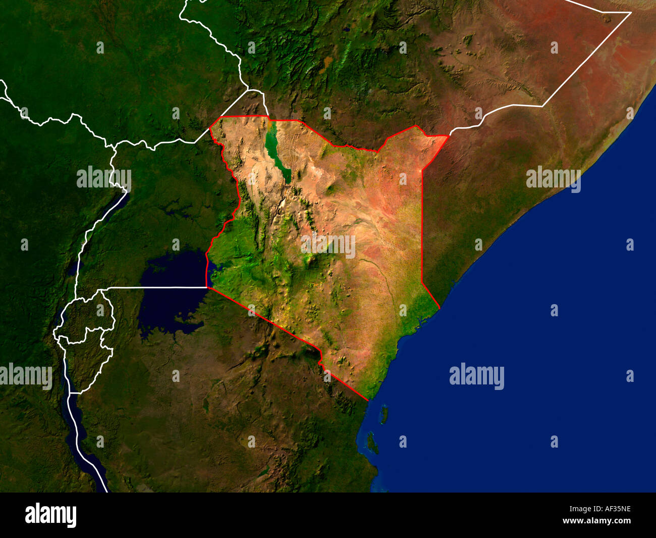 Highlighted Satellite Image Of Kenya Showing Country's Borders Stock ...