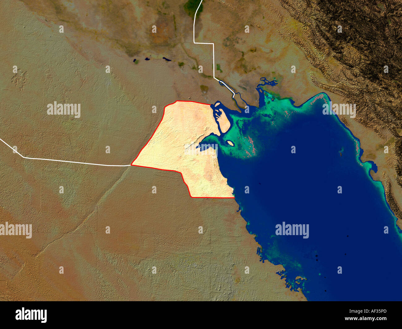 Highlighted Satellite Image Of Kuwait Showing Country's Borders Stock ...