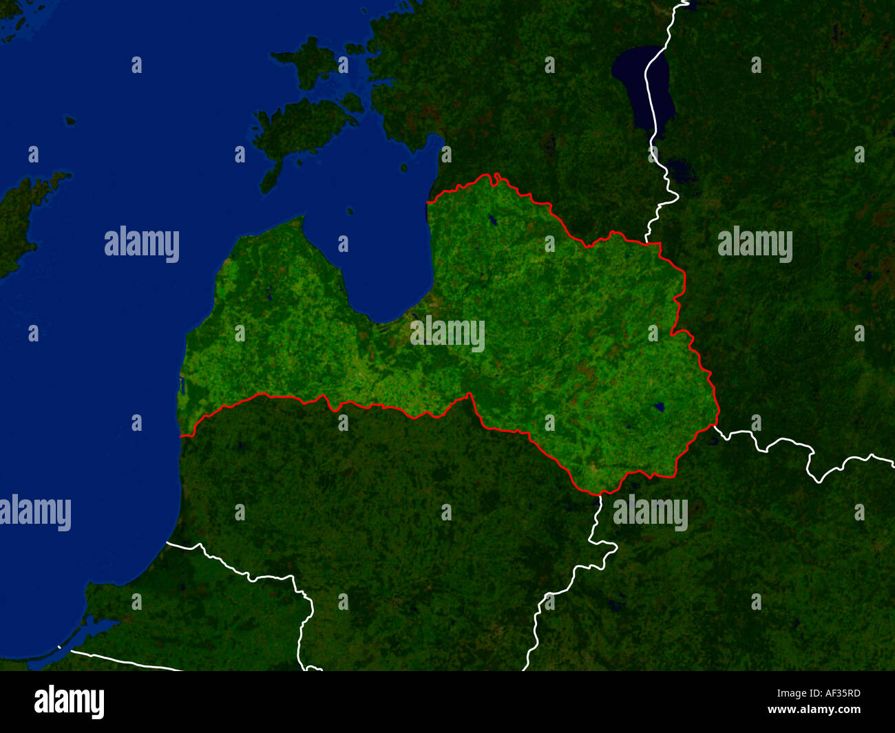 Highlighted Satellite Image Of Latvia Showing Country's Borders Stock ...