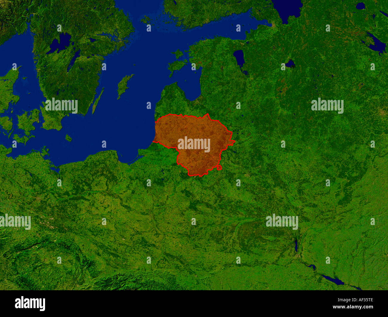 Satellite Image Of Lithuania Highlighted Red Stock Photo - Alamy