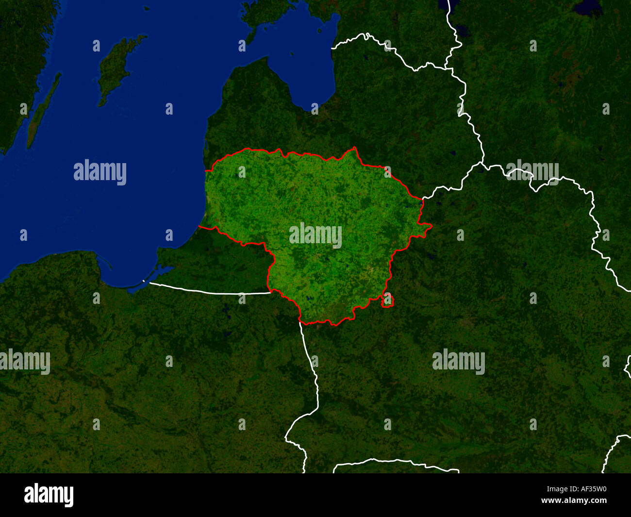 Highlighted Satellite Image Of Lithuania Showing Country's Borders ...