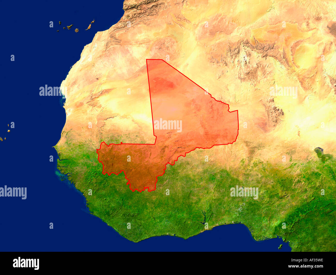 Satellite Image Of Mali Highlighted Red Stock Photo - Alamy
