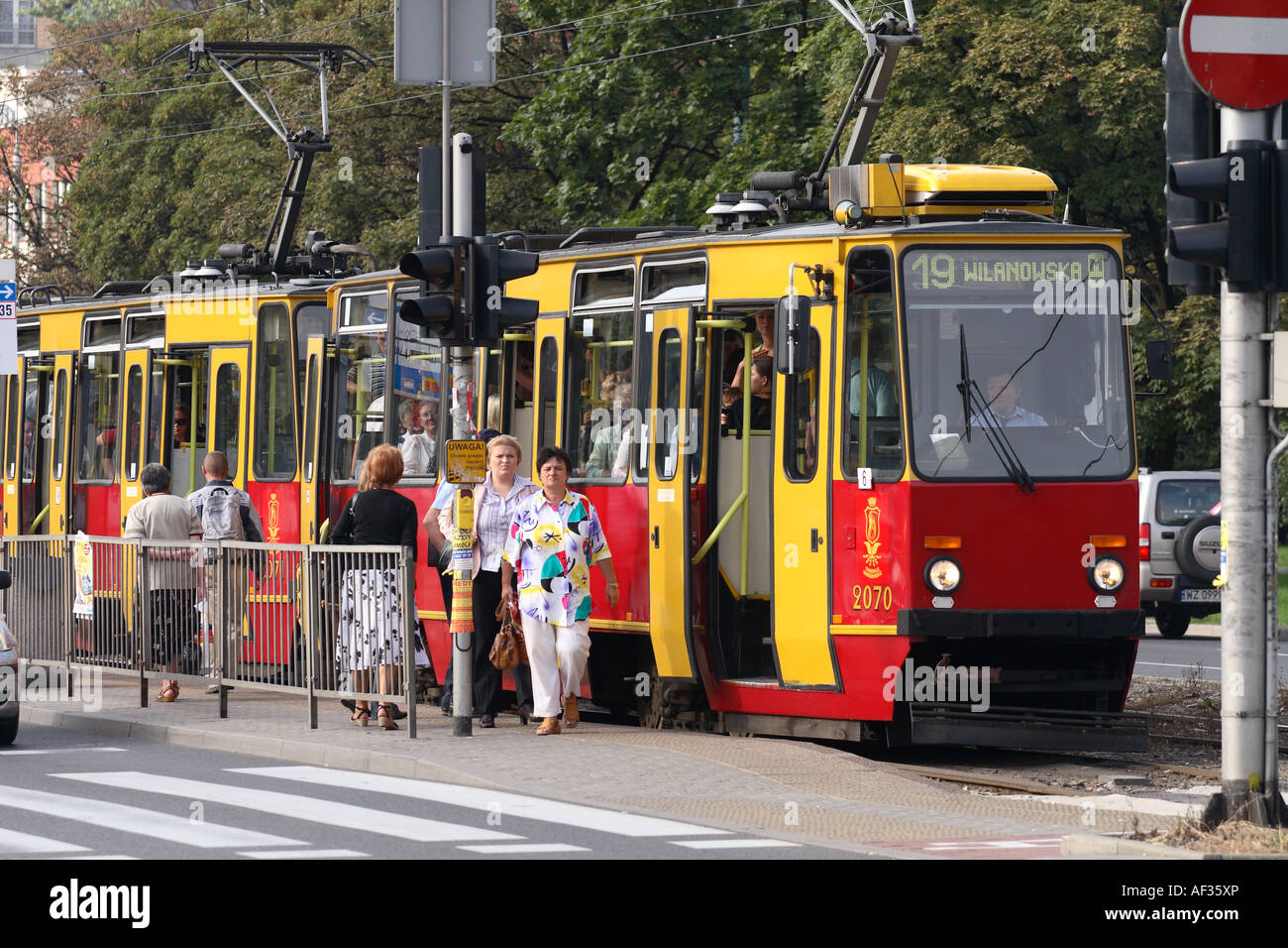 Warsaw Poland public transport tram network in the traditional red and ...