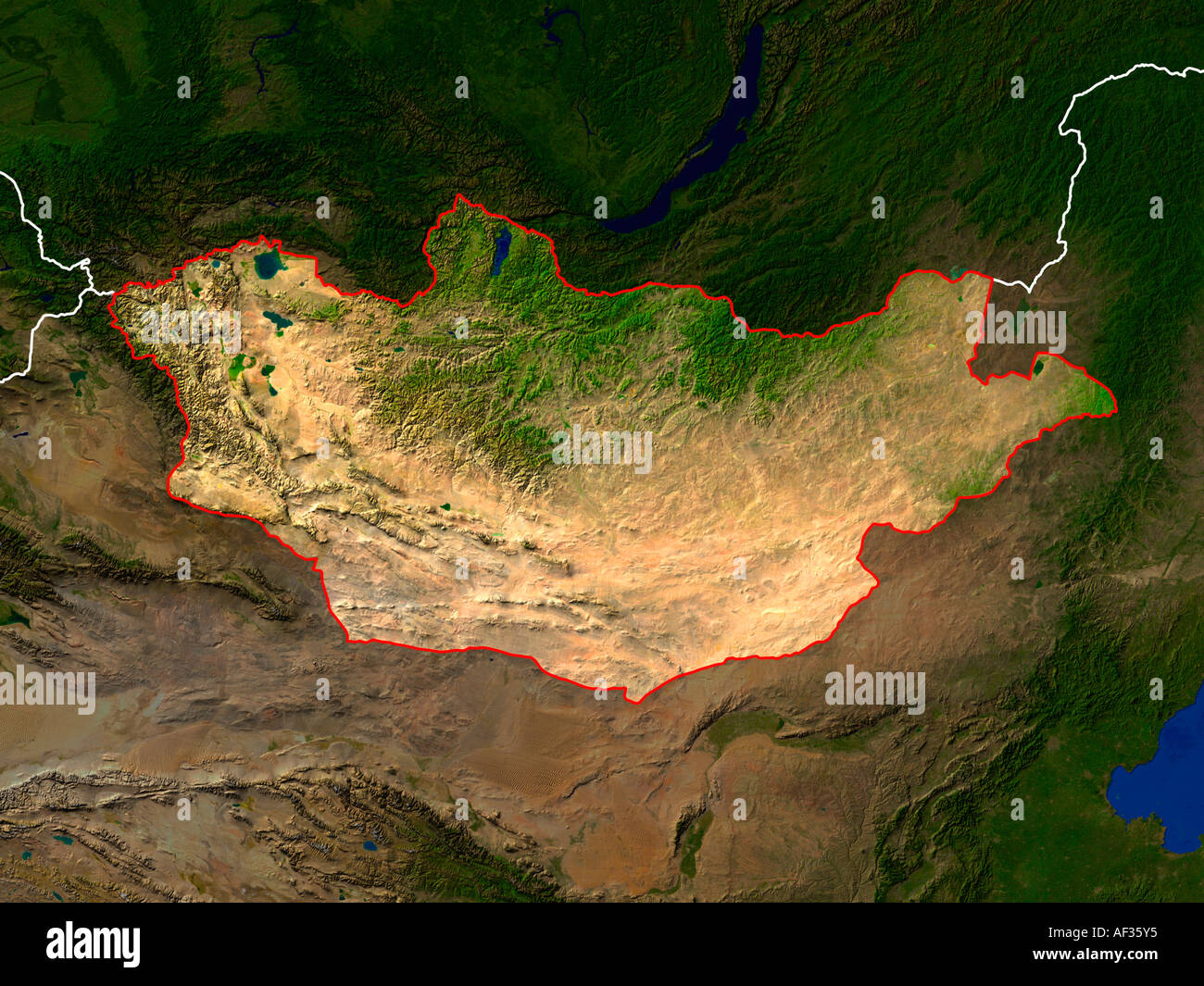 Highlighted Satellite Image Of Mongolia Showing The Country's Borders ...