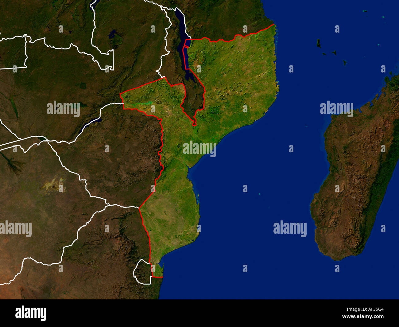 Highlighted Satellite Image Of Mozambique Showing Country's Borders ...
