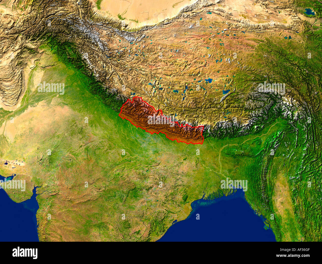 Satellite Image Of Nepal Highlighted Red Stock Photo - Alamy