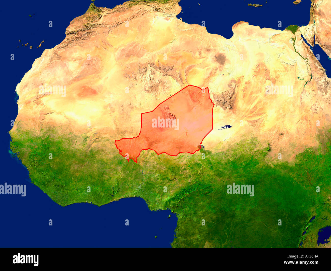 Satellite Image Of Niger Highlighted Red Stock Photo - Alamy