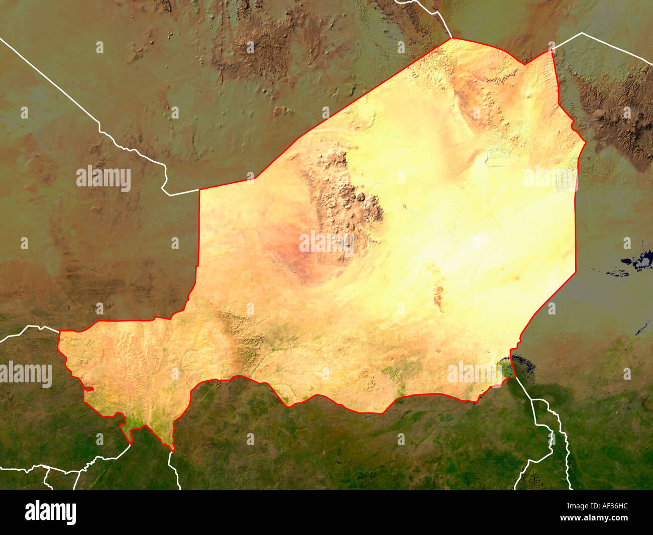 Highlighted Satellite Image Of Niger Showing Country's Borders Stock ...