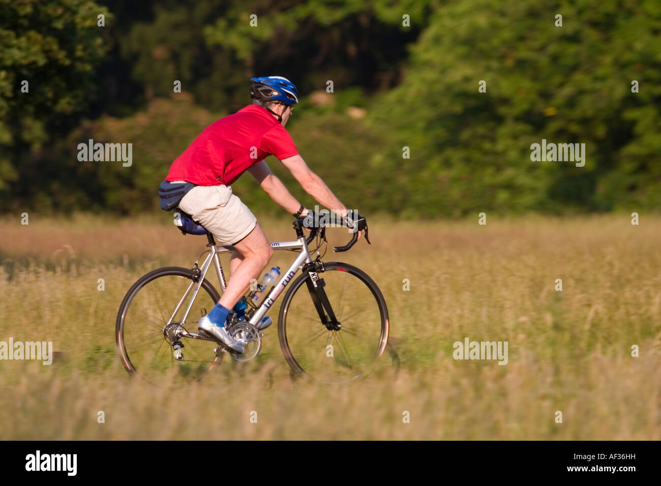 Cyclist riding on road through the park side view Stock Photo - Alamy