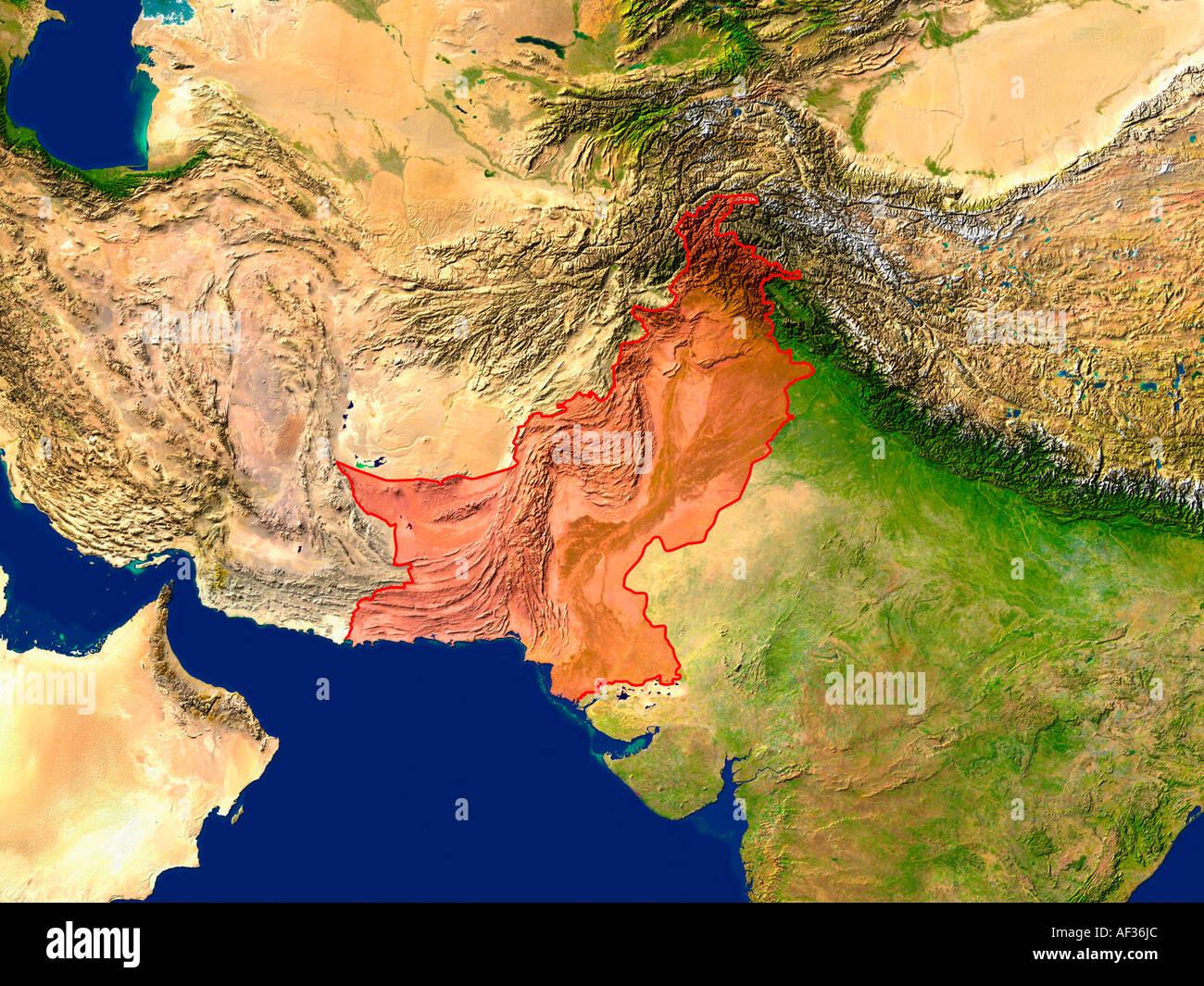 Satellite Image Of Pakistan Highlighted Red Stock Photo - Alamy