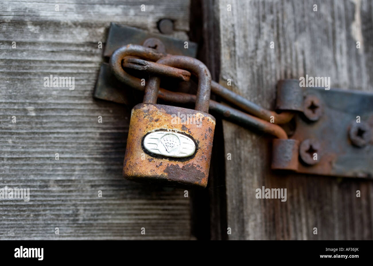 Rusty paddle lock on old barn door Stock Photo - Alamy