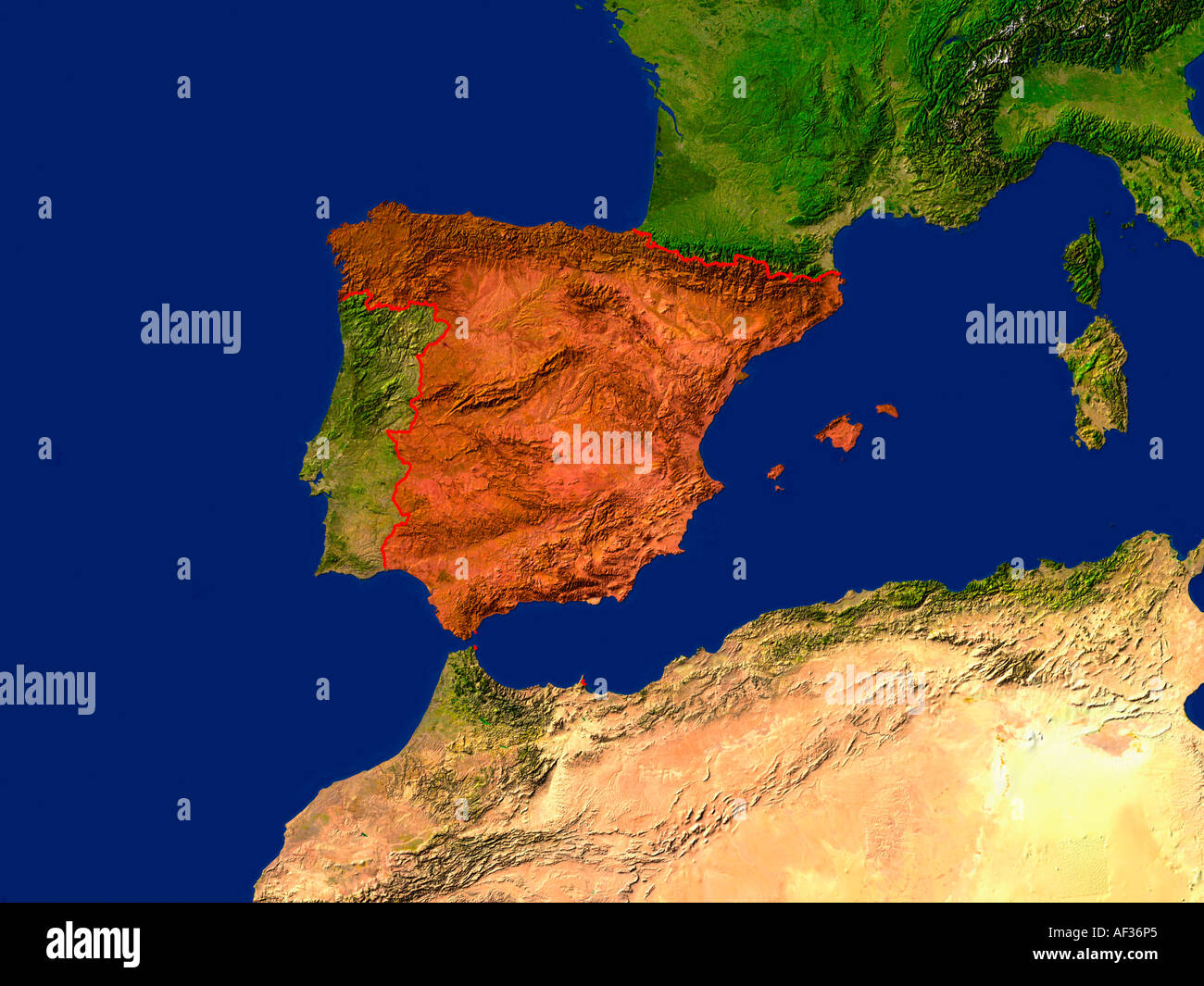 Satellite Image Of Spain Highlighted Red Stock Photo - Alamy