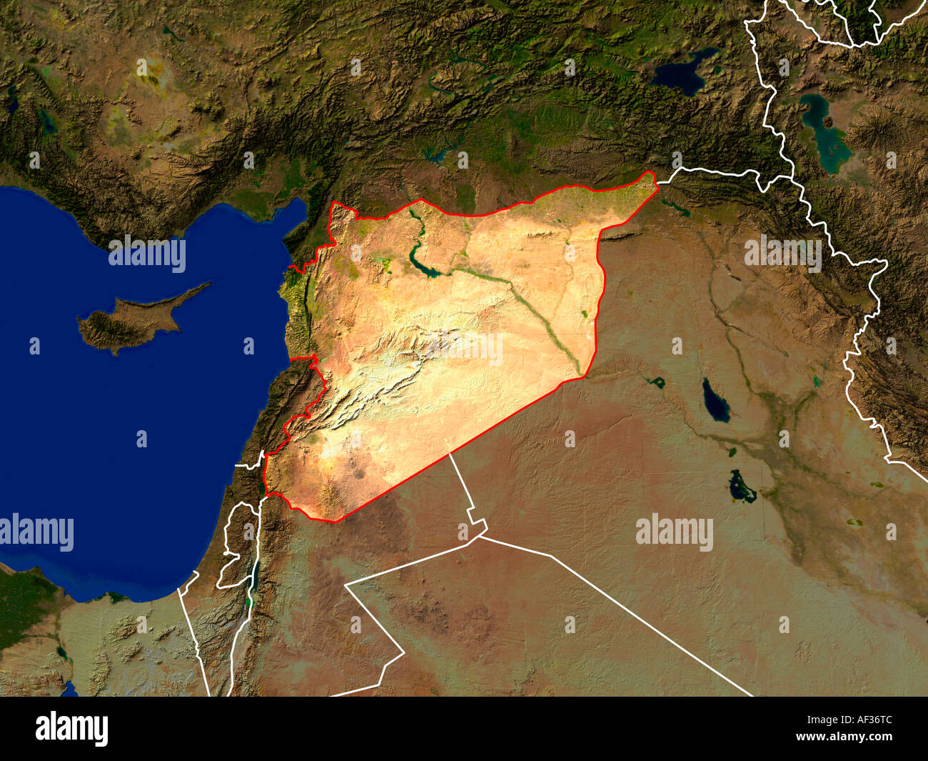 Satellite Image Of Syria Showing Countries Borders Stock Photo - Alamy