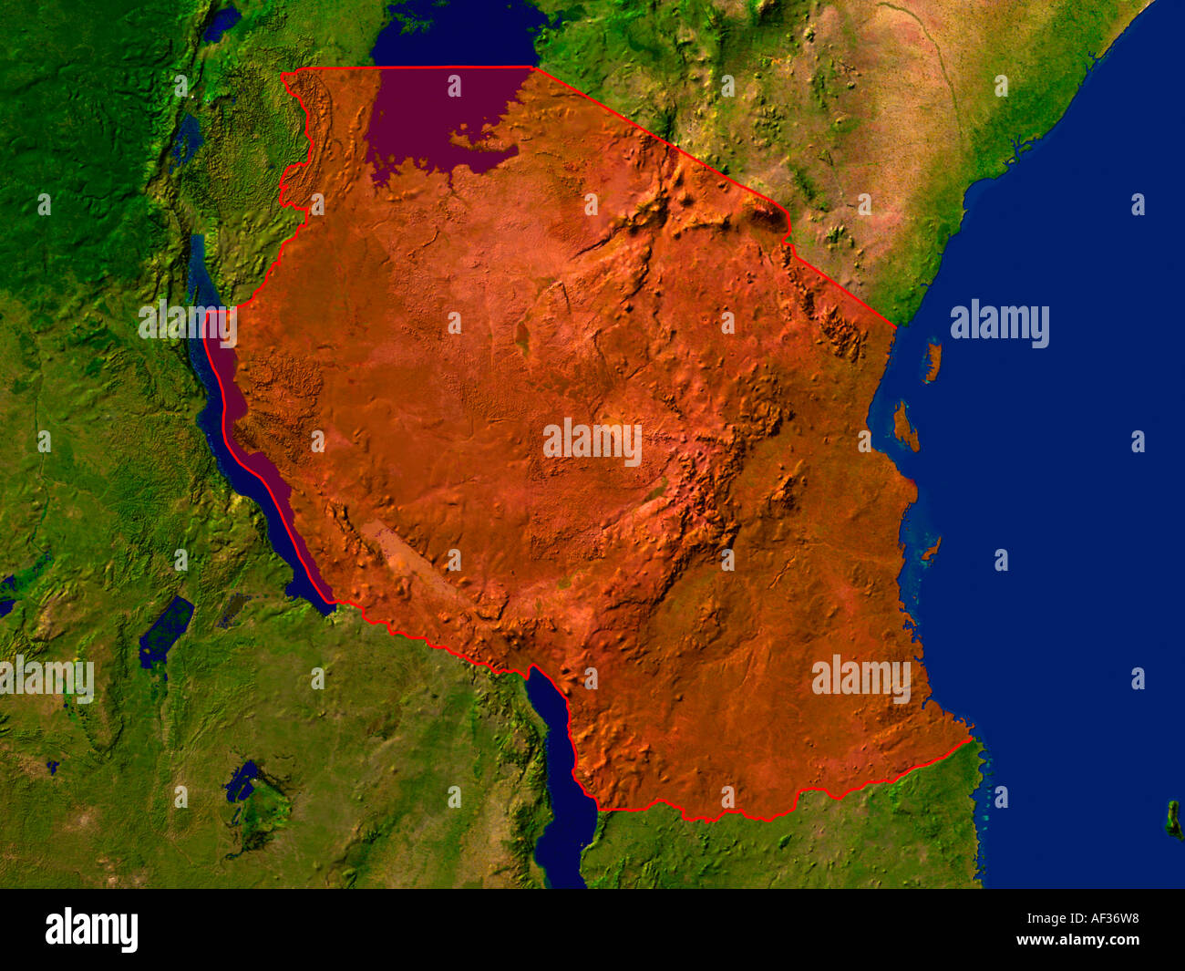 Satellite Image Of Tanzania Highlighted In Red Stock Photo - Alamy