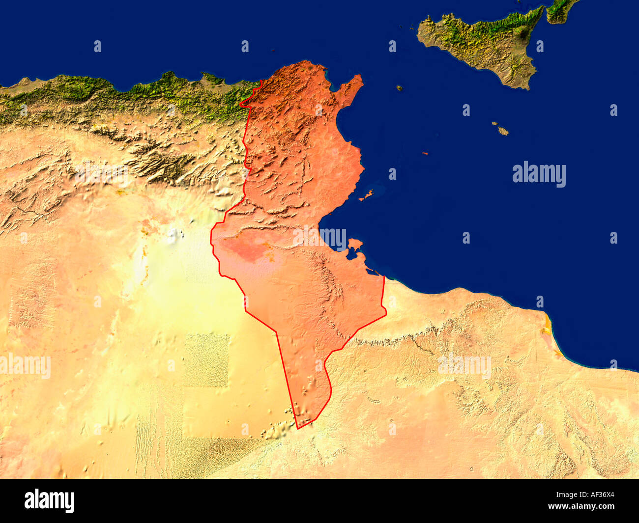 Highlighted Satellite Image Of Tunisia Stock Photo - Alamy
