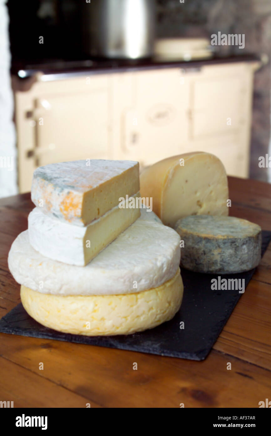 Welsh Cheese selection on farmhouse table with Aga Stock Photo - Alamy