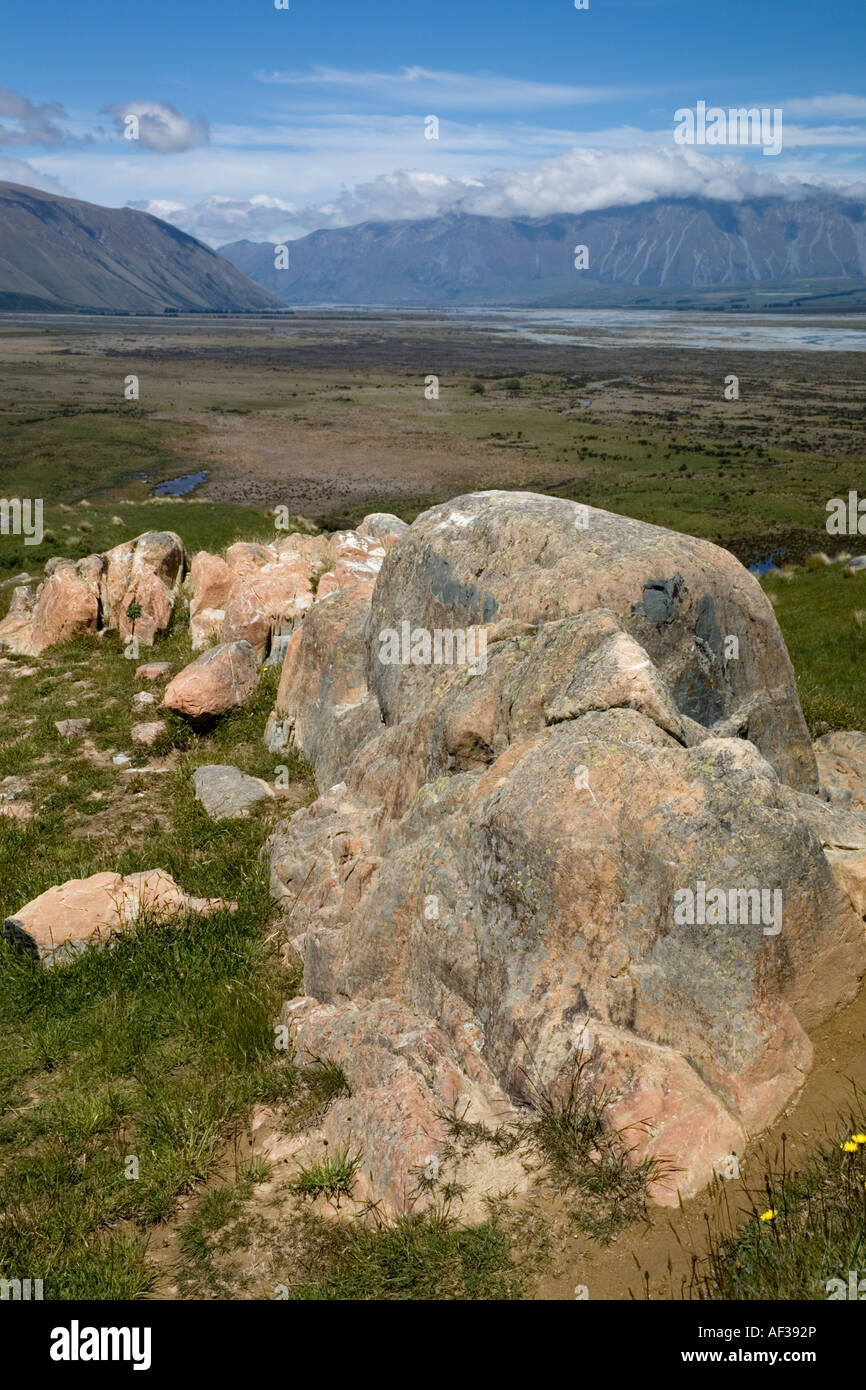 Rocks on Mount Sunday, looking towards Sinclair Range and the Rangitata ...