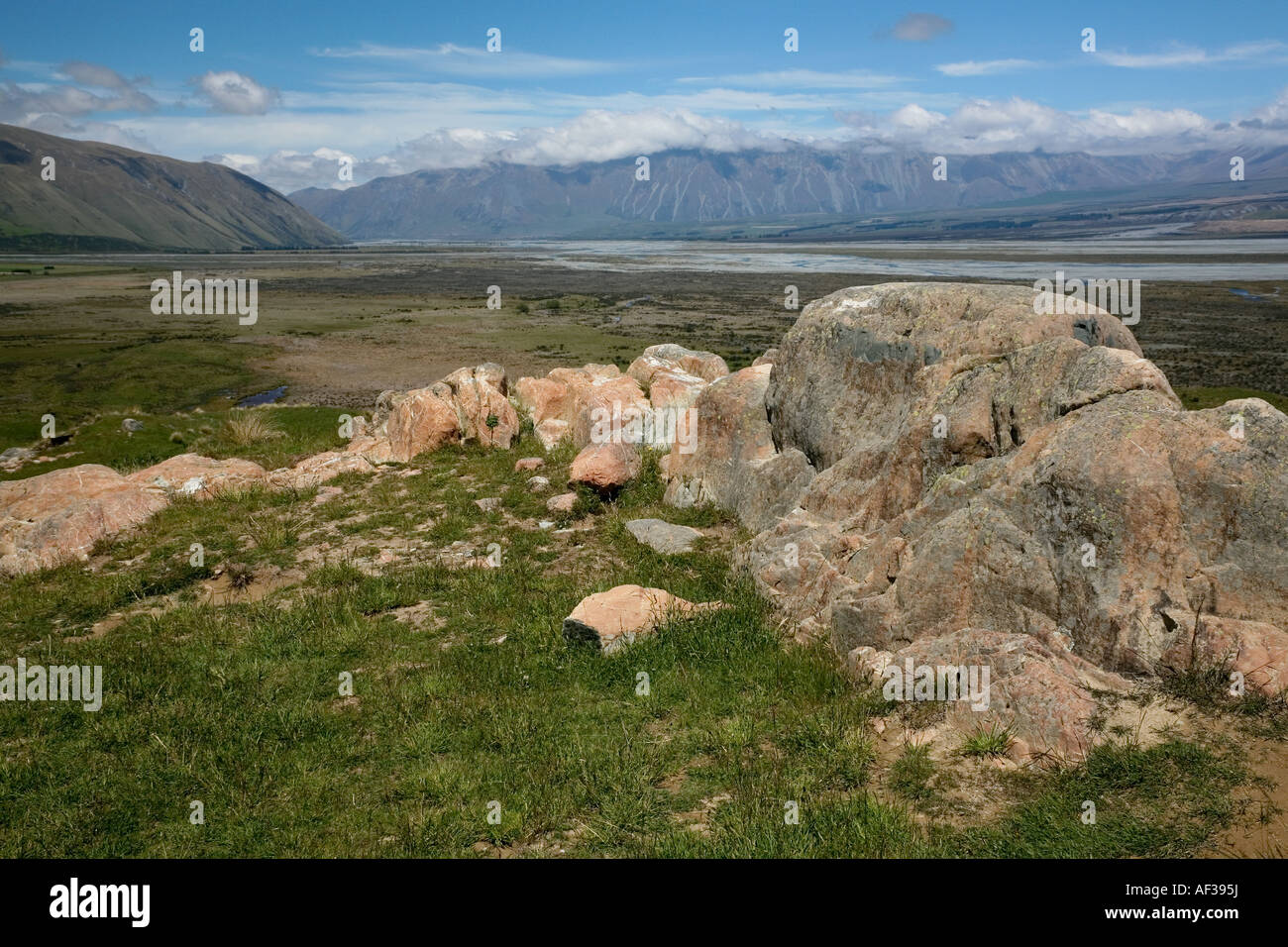 Rocks on Mount Sunday, looking towards Sinclair Range and the Rangitata ...