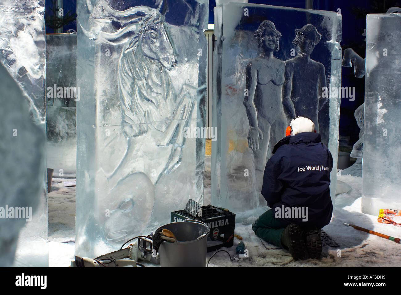 Ice sculptures carving. During the work Stock Photo - Alamy