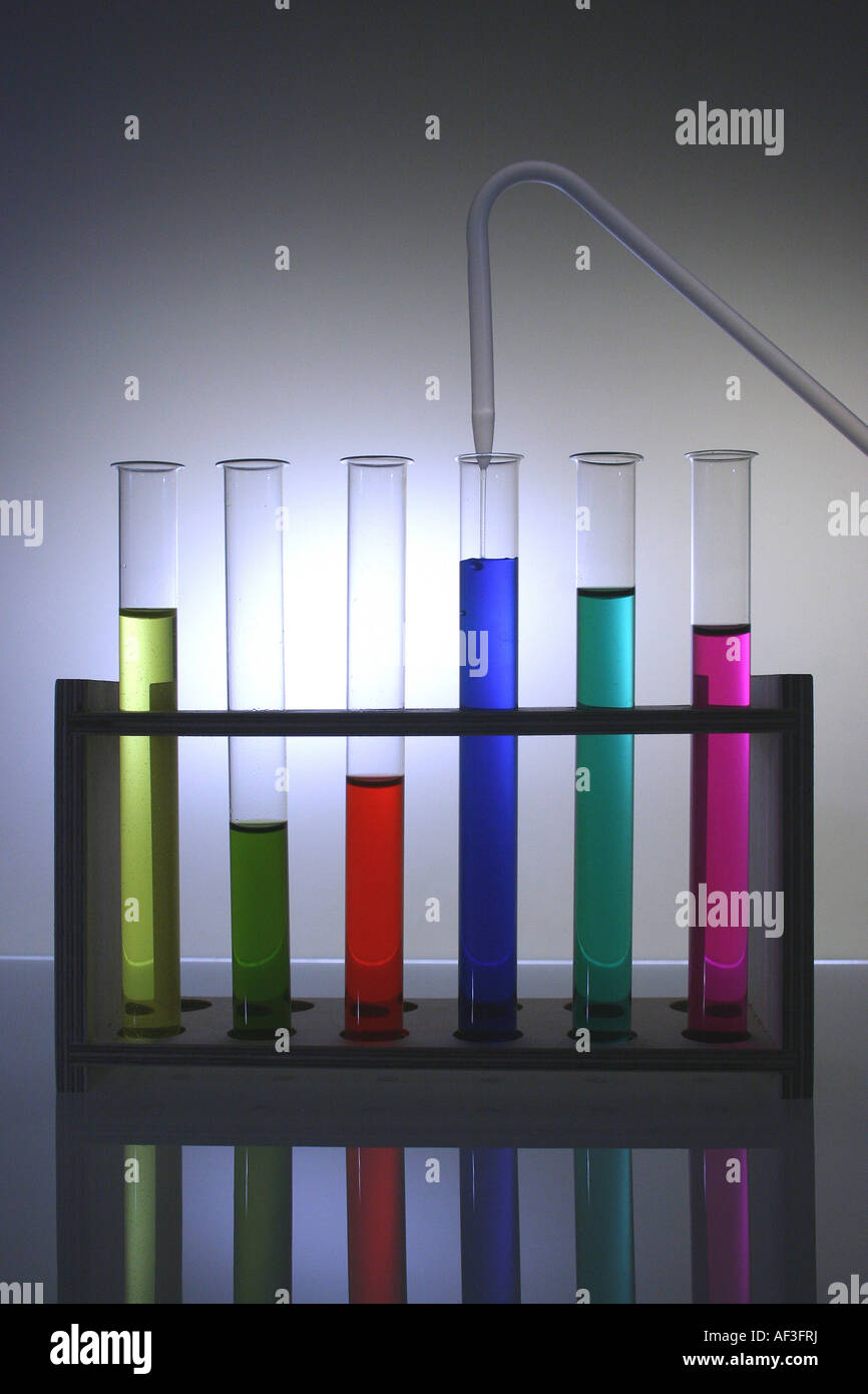 laboratory glasses with coloured liquids Stock Photo - Alamy