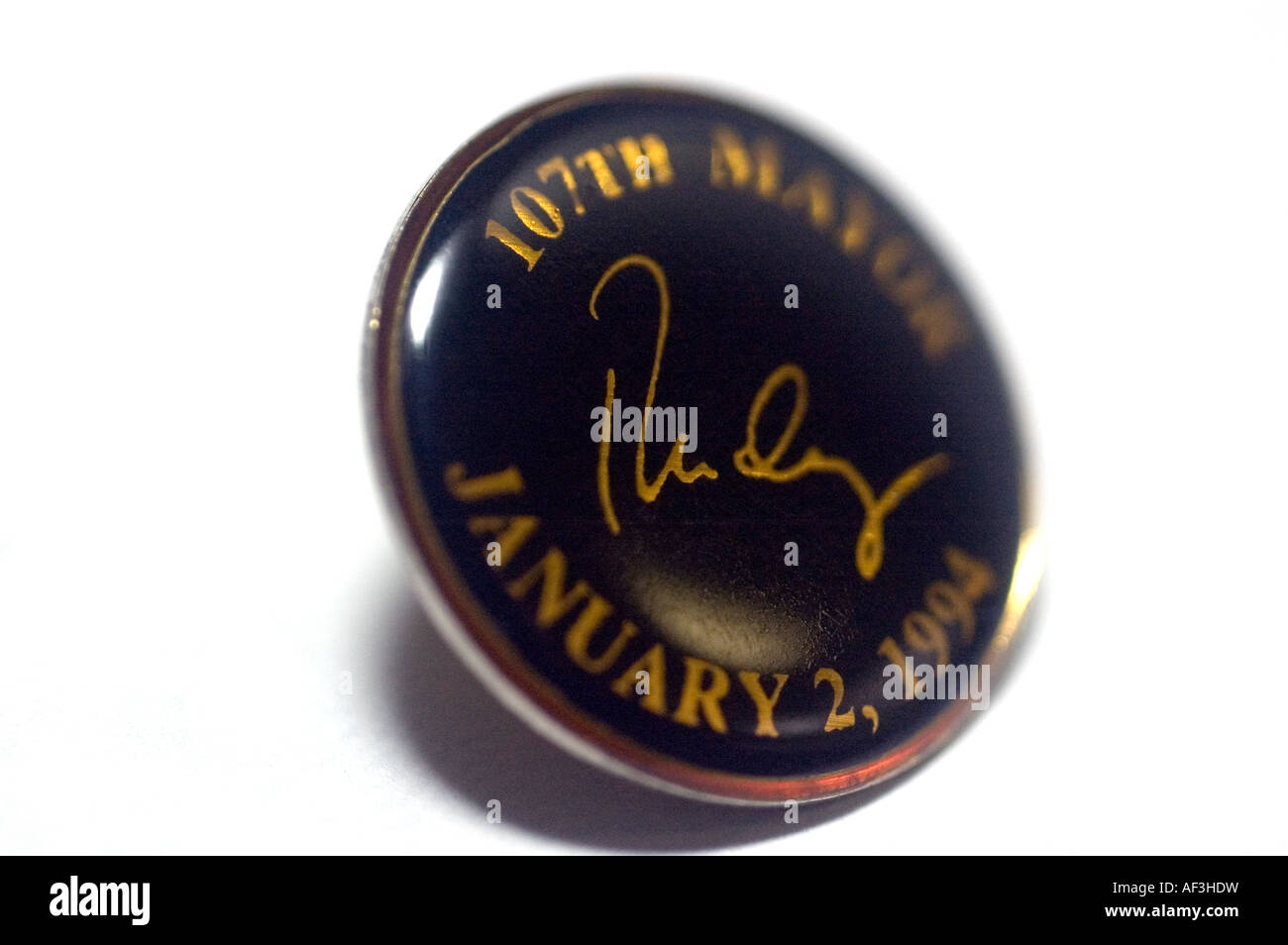 A commemorative pin given out at the inauguration of Rudy Giuliani as ...