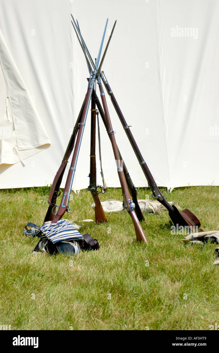 Stacked rifles at an American Civil War reenactment Stock Photo - Alamy