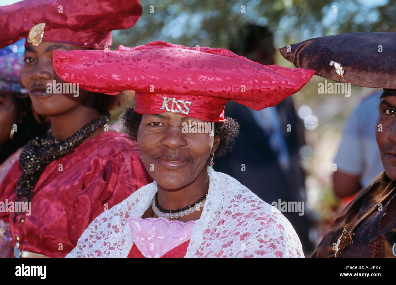 Namibia Okahandja, Red Flag Herero women gathered in traditional wear ...