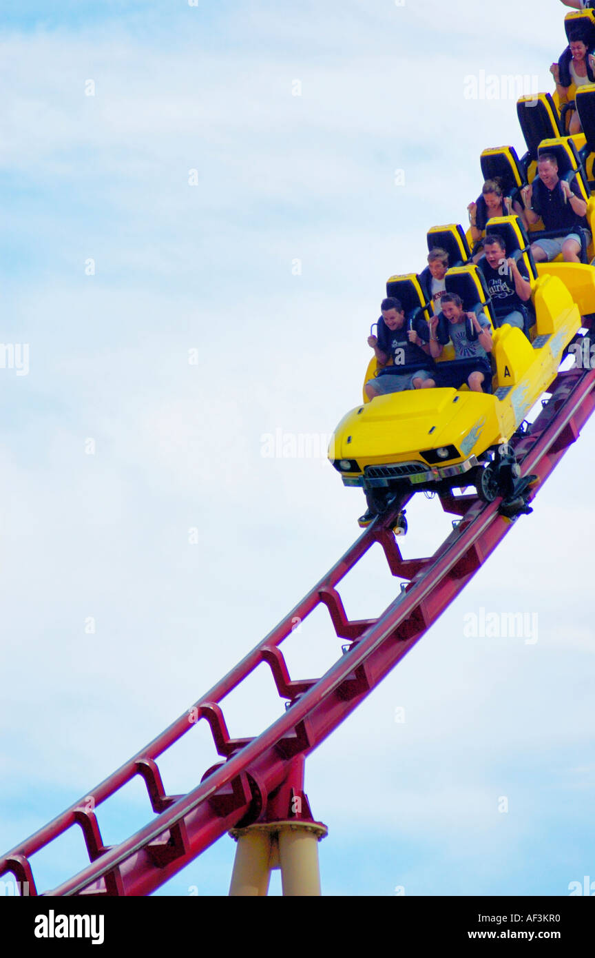 steel roller coaster going down an incline Stock Photo - Alamy
