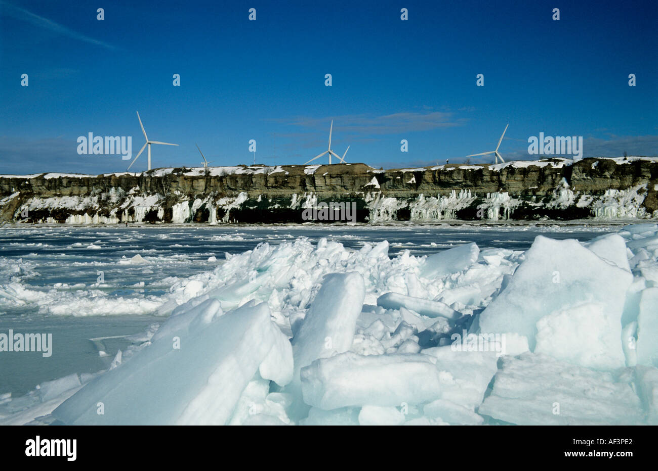 Wind generators on seaside cliffs at Paldiski seaside Pakri Estonia ...