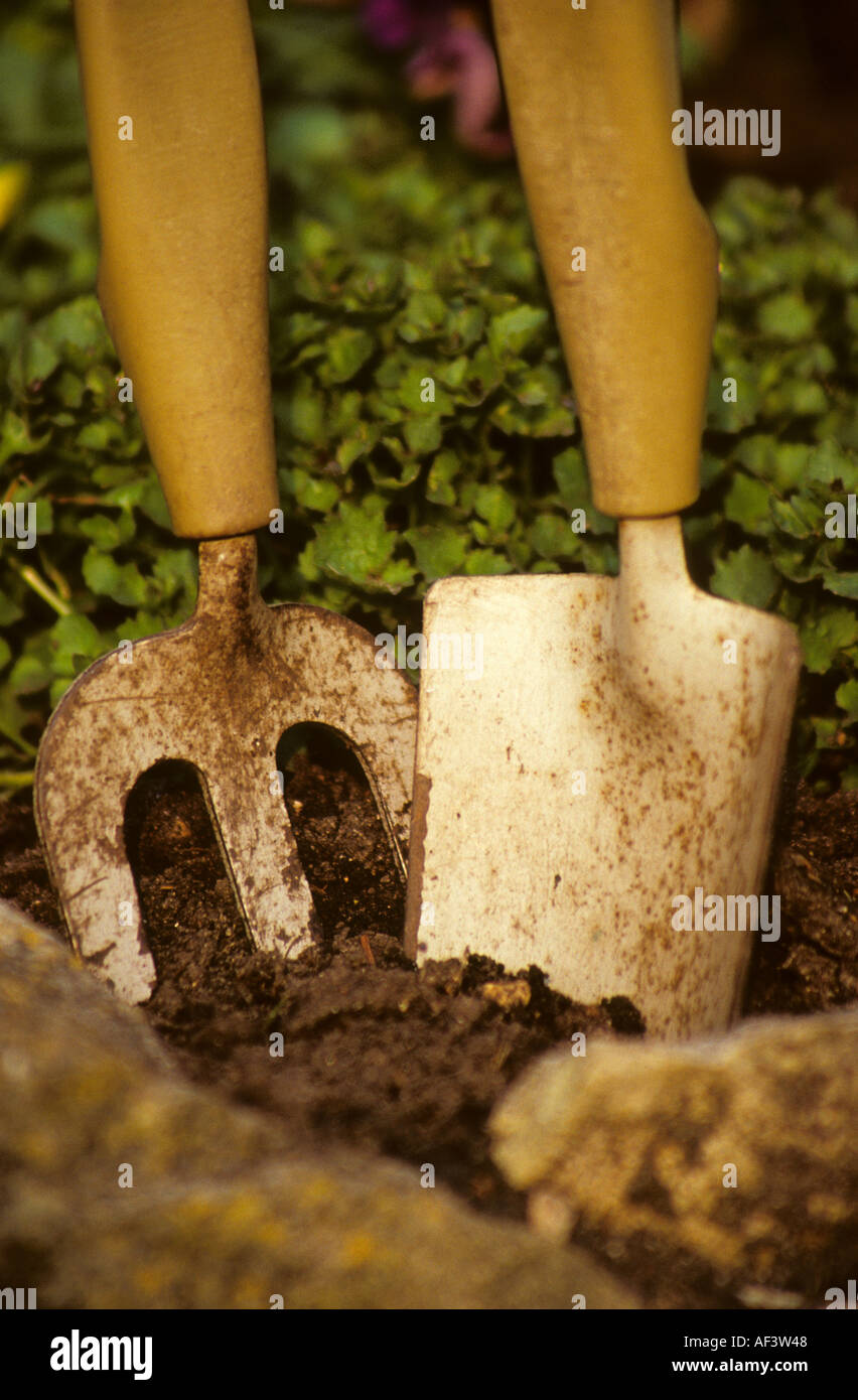 Garden fork and spade in soil Stock Photo - Alamy