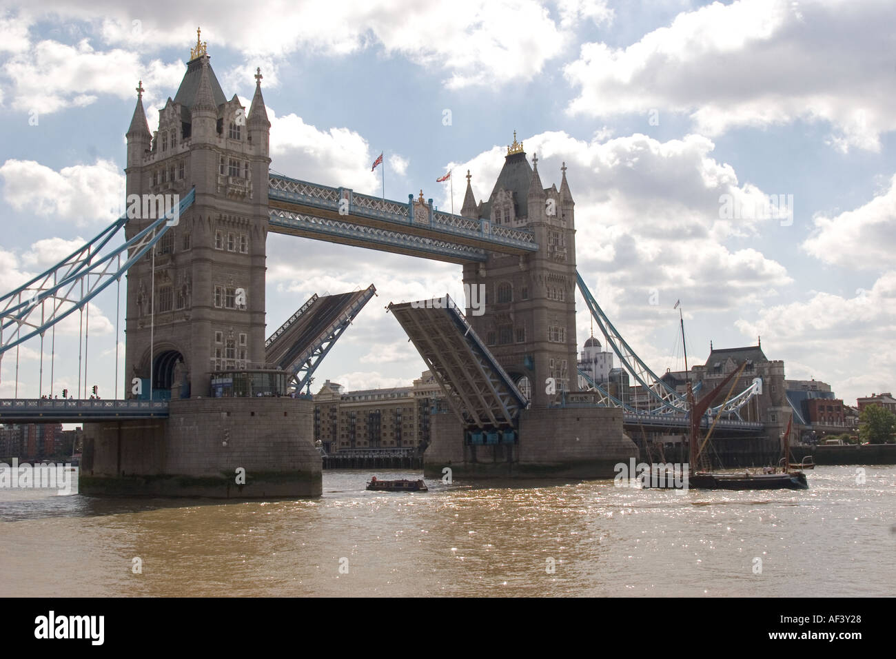 Tower Bridge raised for sailing barge boat Stock Photo - Alamy