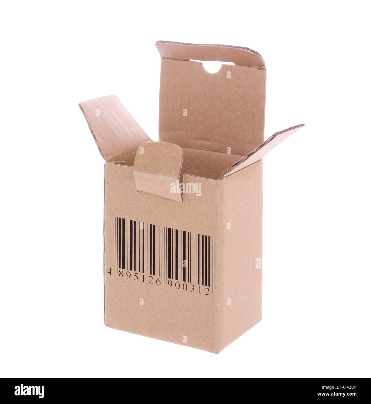 An open cardboard box with barcode Stock Photo - Alamy