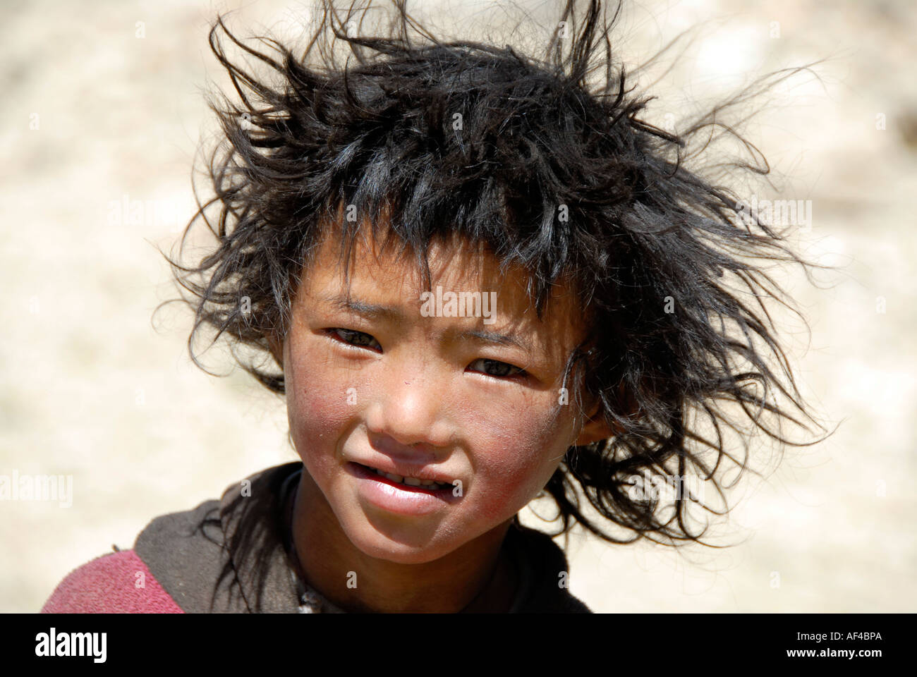 Portrait Nomads Tibetan boy with tousled hair Tibet China Stock Photo ...
