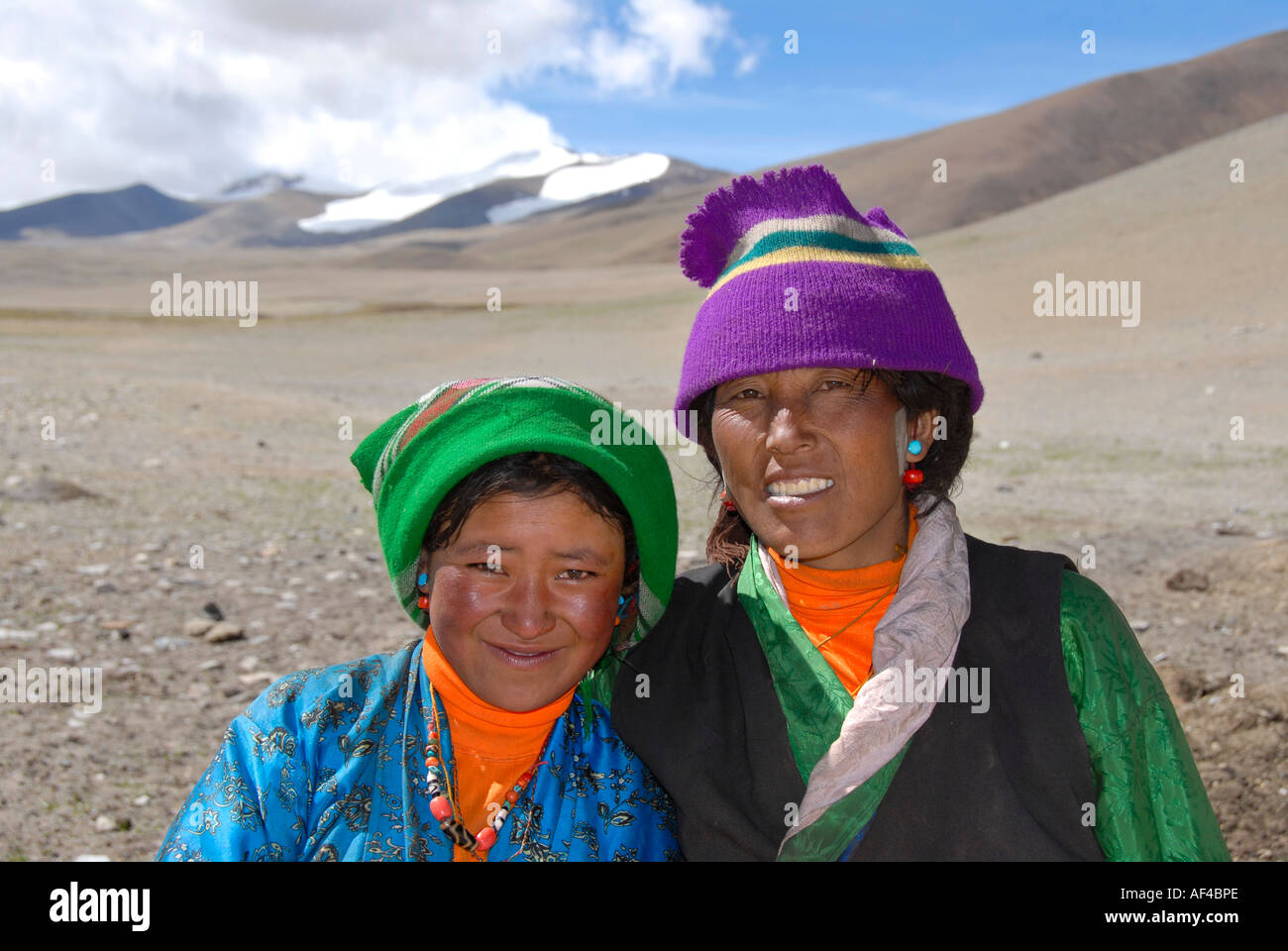 Tibetan Nomads two smiling women in barren landscape Everest region ...