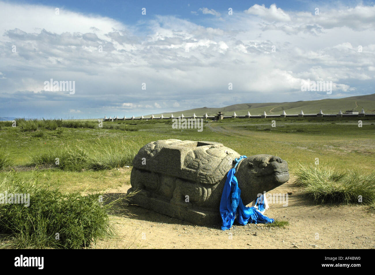 Rock carved turtle in front of Buddhist monastery Erdene Zuu Mongolia ...