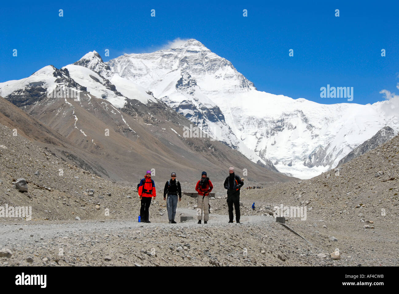 MR four trekker side by side in front of Mt Everest Chomolungma Everest ...