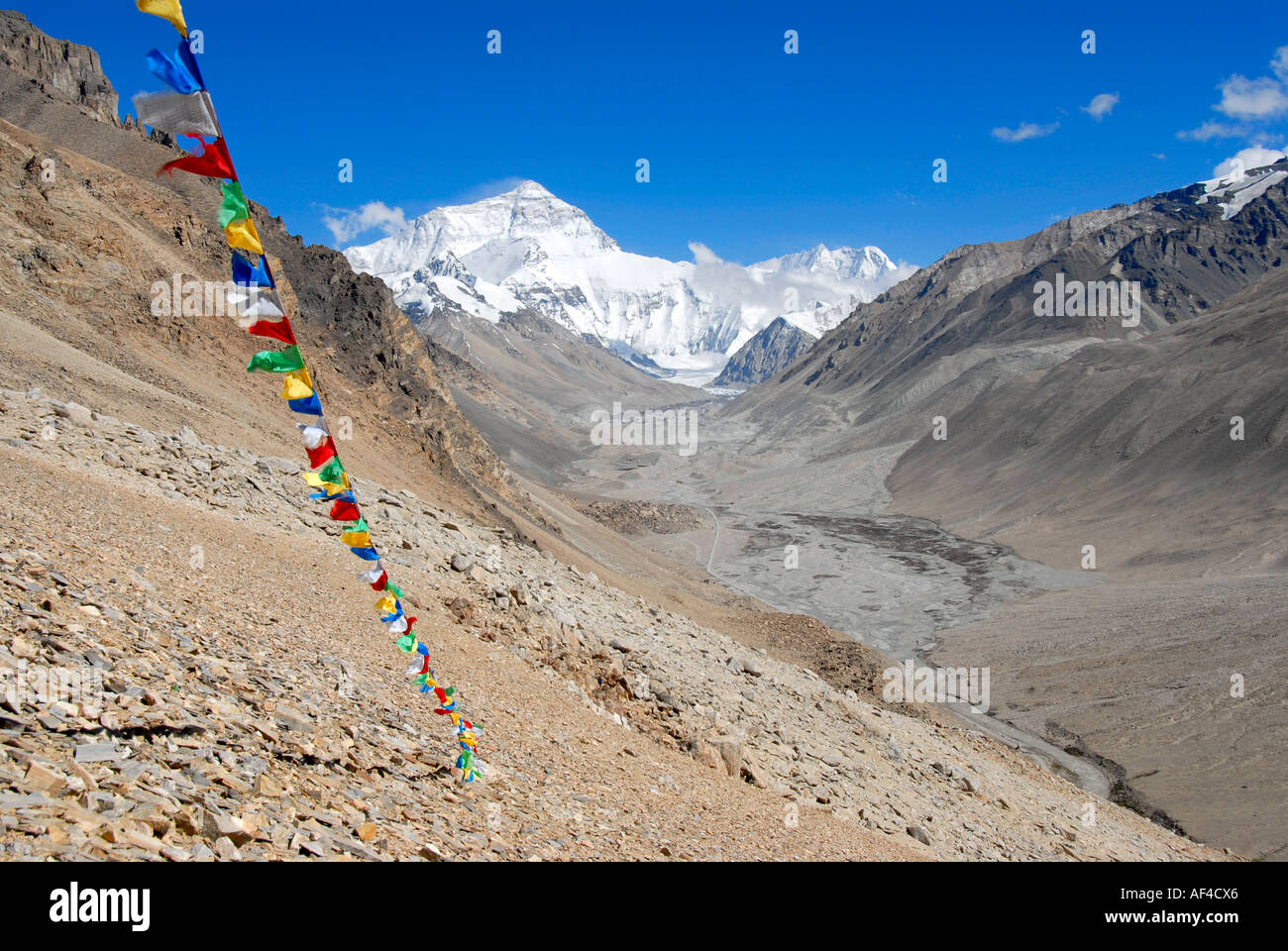 Colourful prayer flags wave in the wind in front of Mt Everest ...