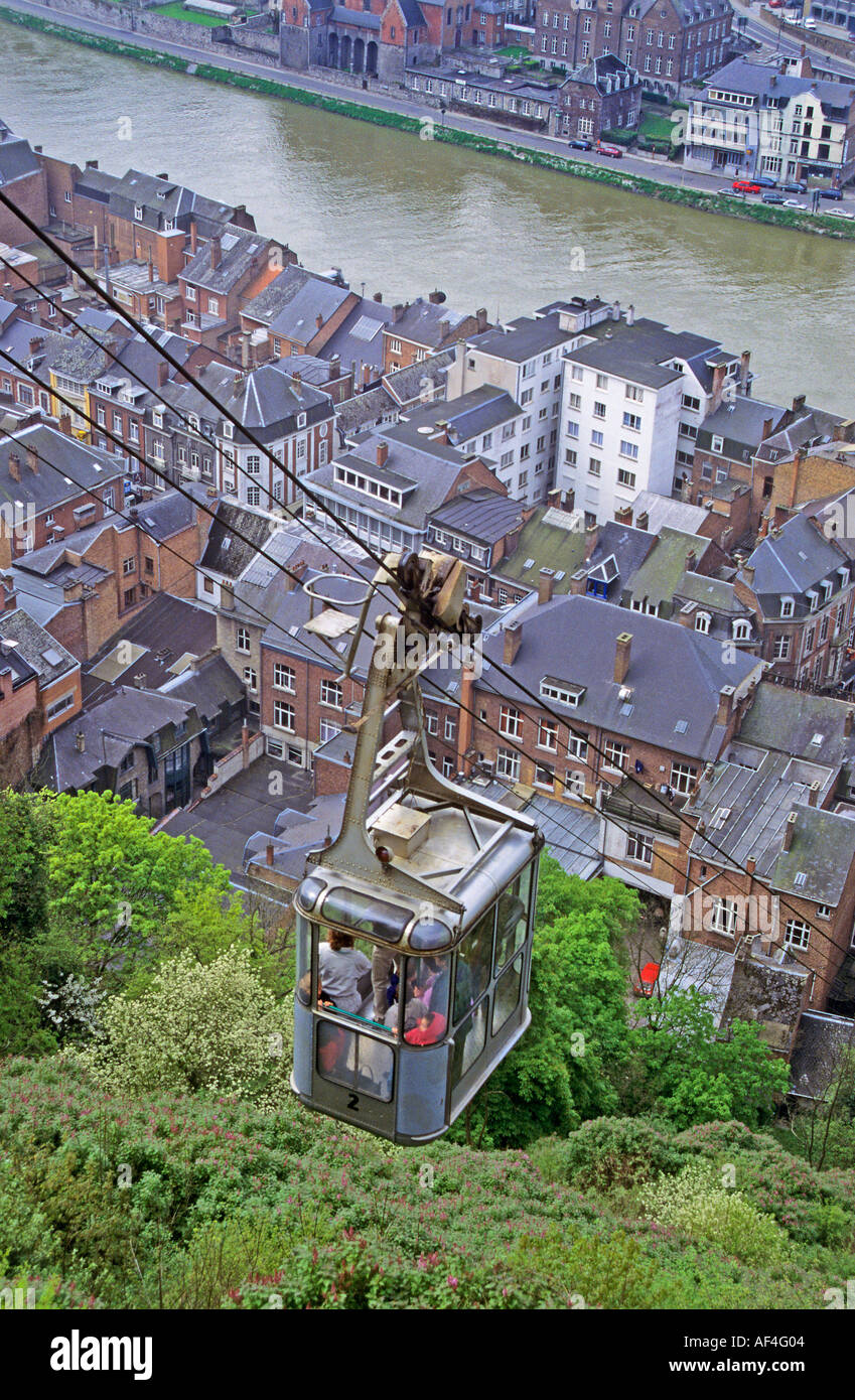 Cablecar taking tourists to the Citadel on the clifftop above the river ...
