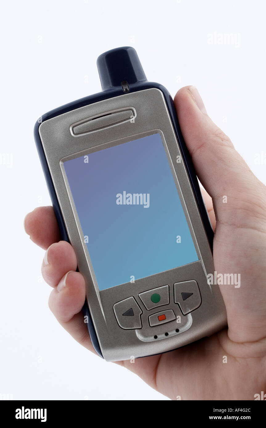 Hand with handheld pocket pc gps unit clear screen Stock Photo - Alamy