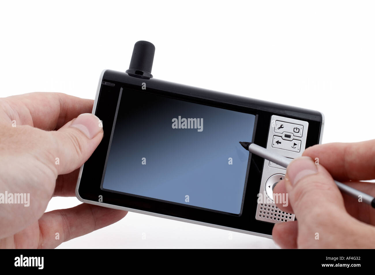 Hand with handheld pocket pc gps unit clear screen Stock Photo - Alamy