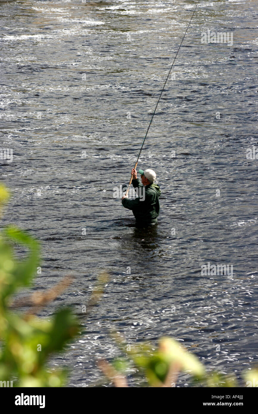 Angler fishing for salmon in in the River Moy, Ballina, County Mayo ...