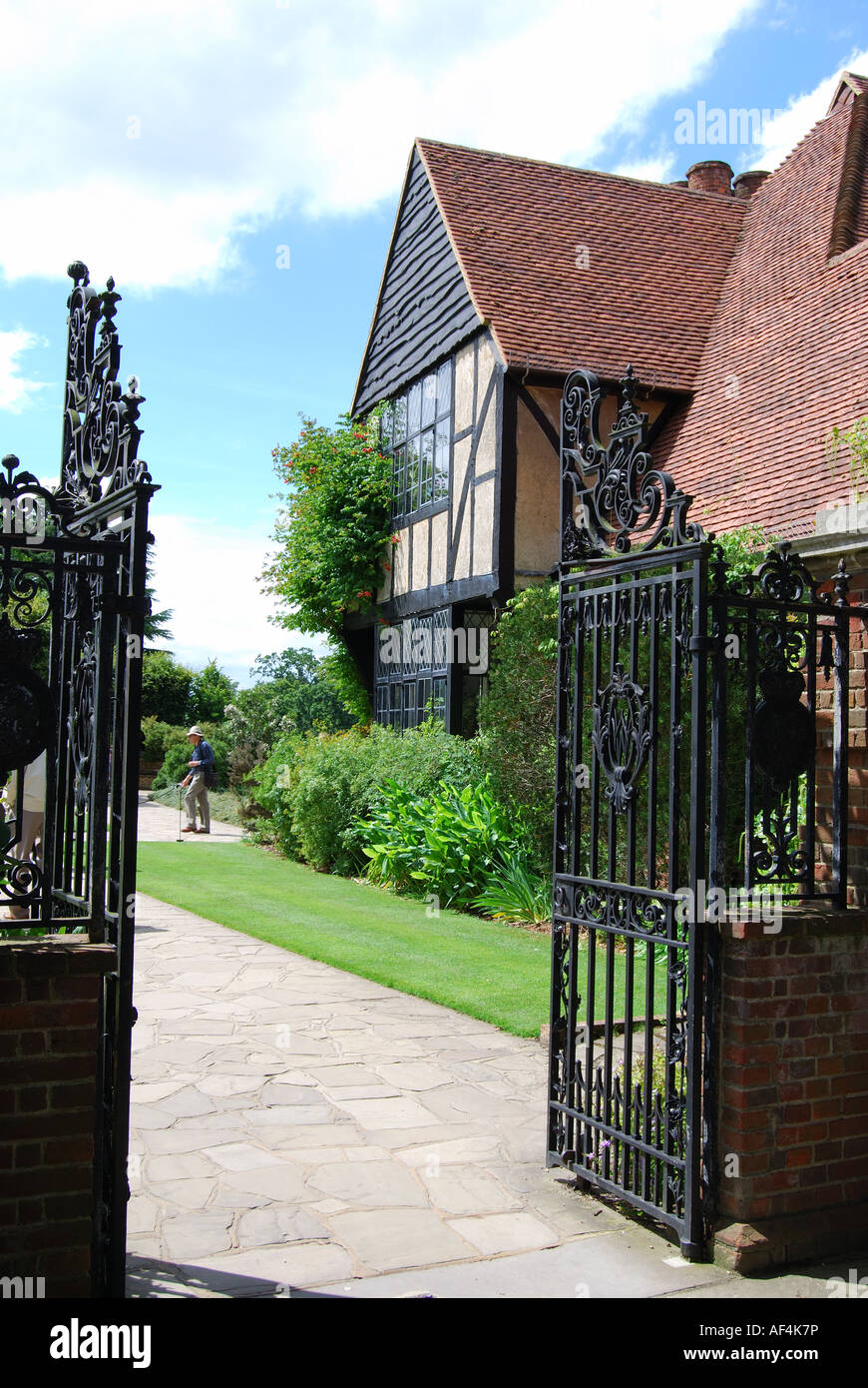 Entrance gate to gardens, RHS Wisley Gardens, Woking, Surrey, England ...