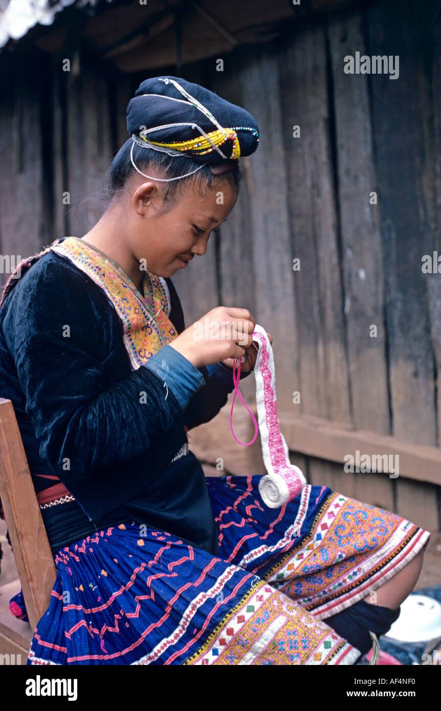Side view portrait of a young Hmong or Meo Hill Tribal girl in ...