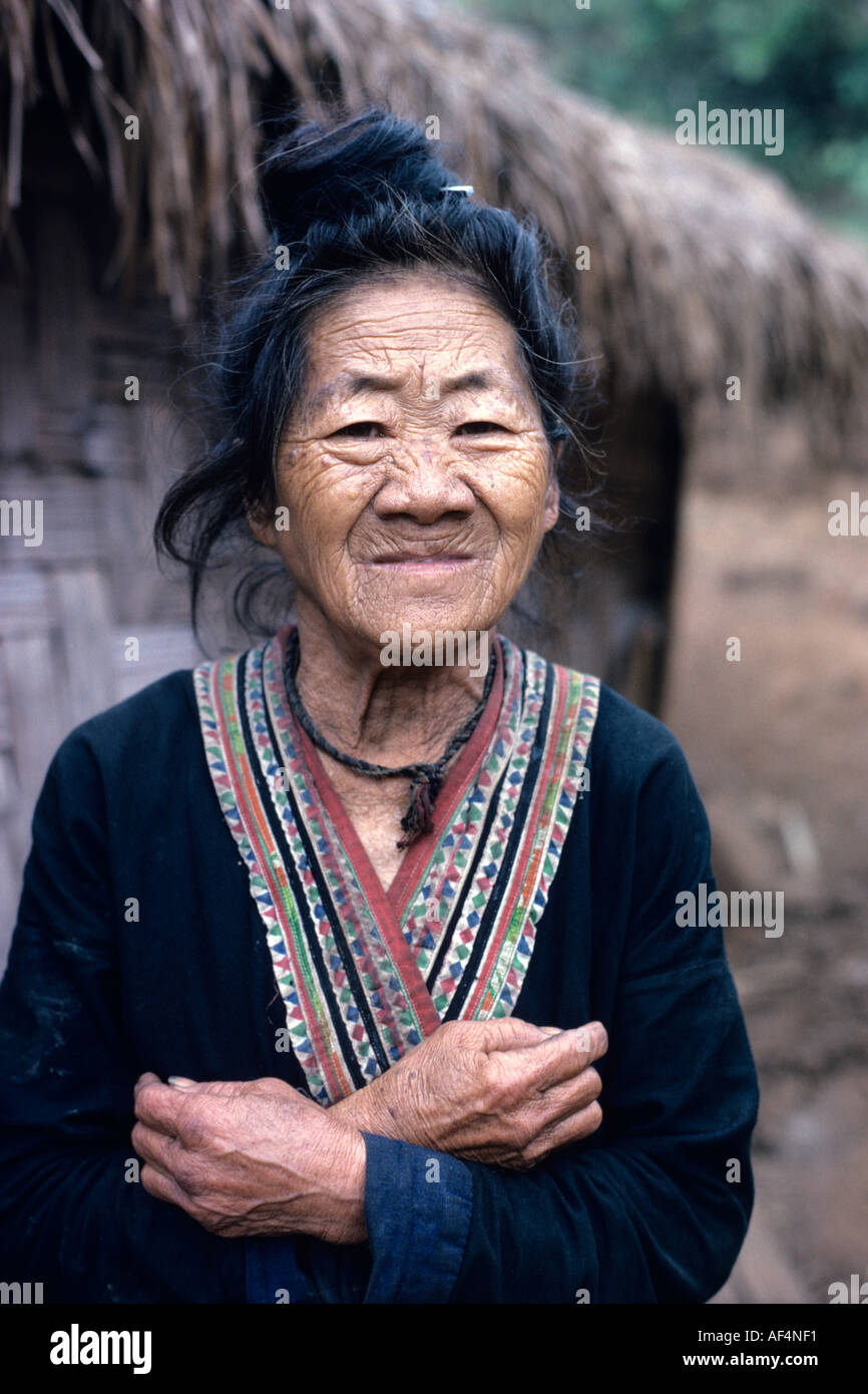 Front view portrait of an old Hmong or Meo Hill Tribal lady in ...