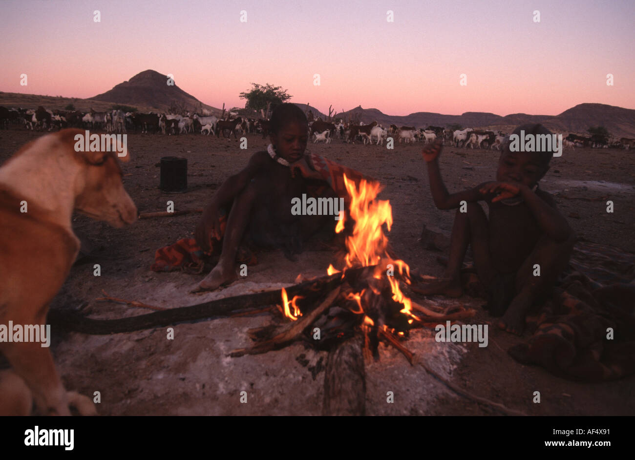 Himba children sit around a fire Northern Namibia Stock Photo - Alamy