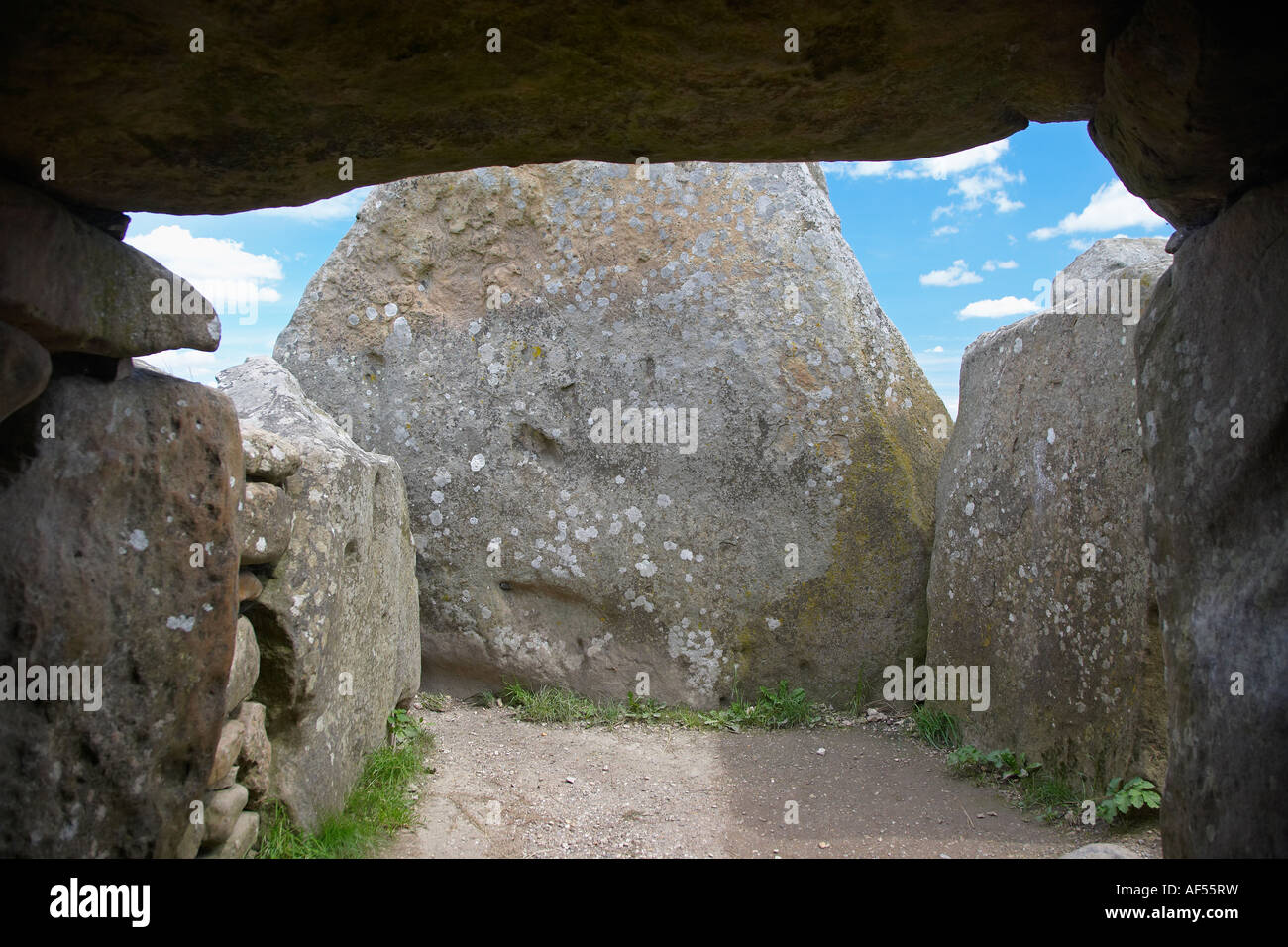 Looking out from West Kennet Long Barrow, Avebury, Wiltshire, England ...
