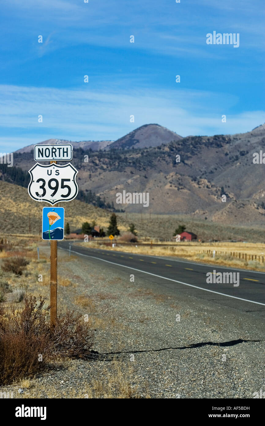 Highway 395 road sign and California landscape with barn Stock Photo ...