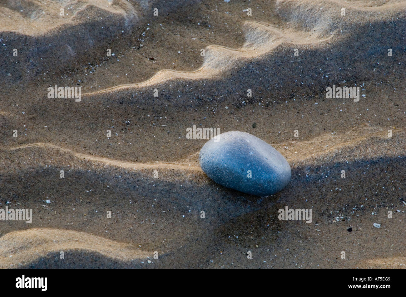 single pebble on beach cold blue colour ripples in sand Stock Photo - Alamy