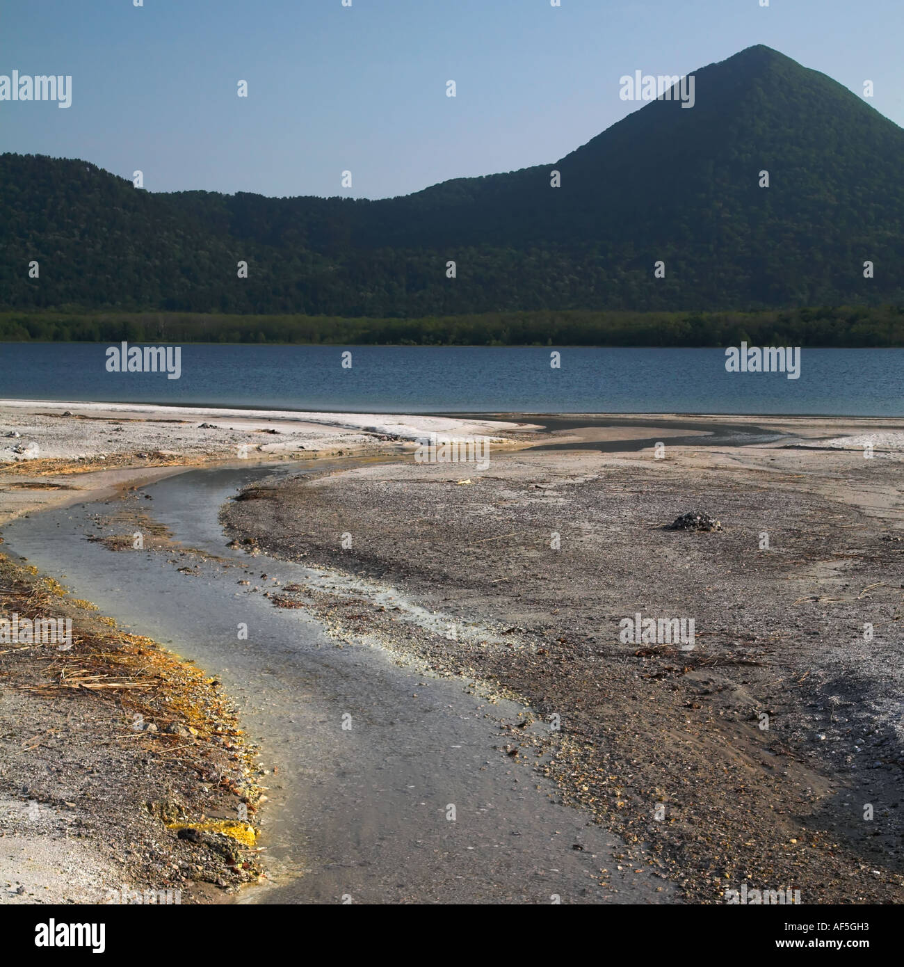osorezan aomori shimokita small sulphuric yellow stream leads into lake ...